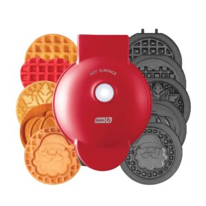 dash holiday multimaker mini system - waffle maker with six 4” removable holiday plates: waffle iron & griddle, 4-in-1 mini waffle maker for kids and families – nonstick surface, santa waffle (red)