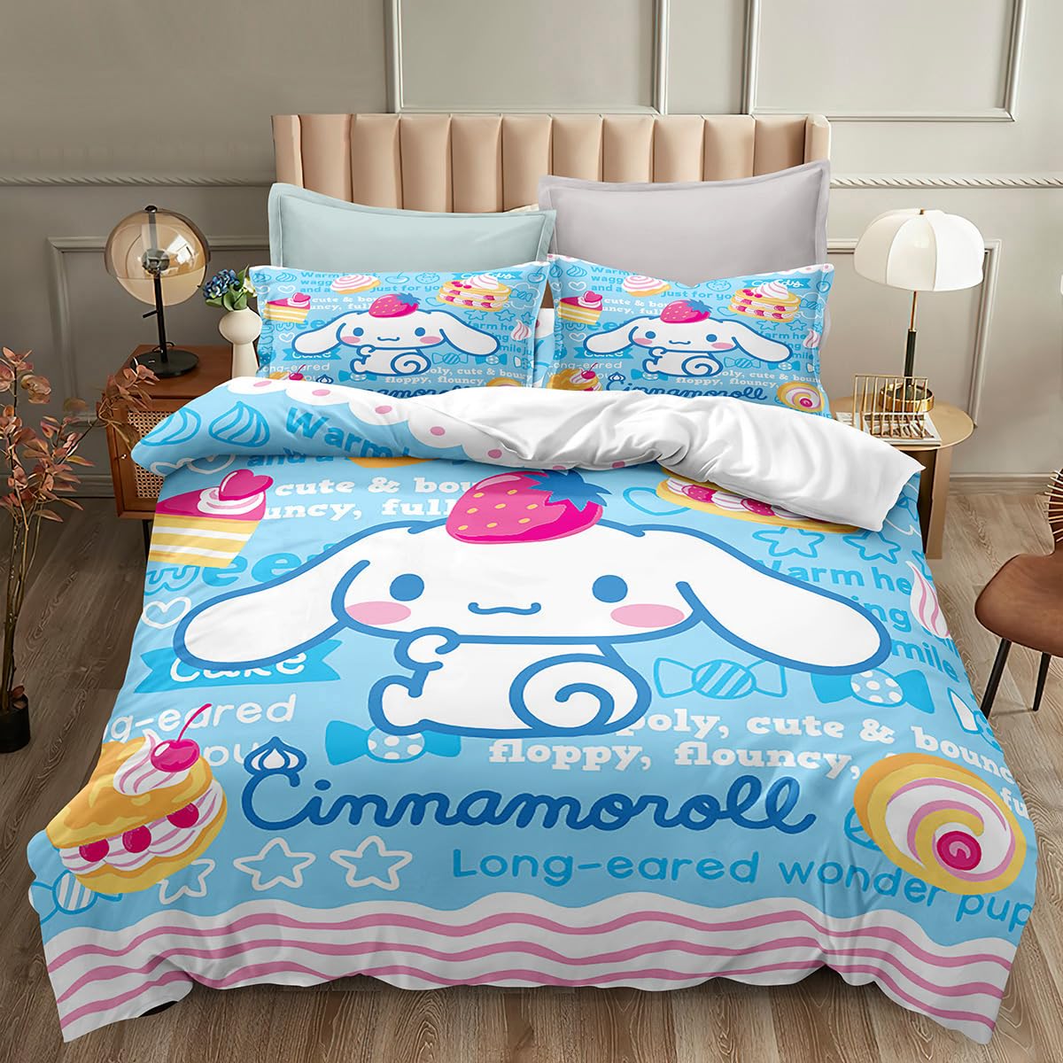 WINDSVMH 3Pcs Lovely Cartoon Cinnamoroll Anime Bedding Sets for Boys Girls,3D Cartoon Cute Pattern Duvet Cover Set,Comforter Cover, Teens Bed Cover Set,（1 Duvet Cover +2 Pillowcase）