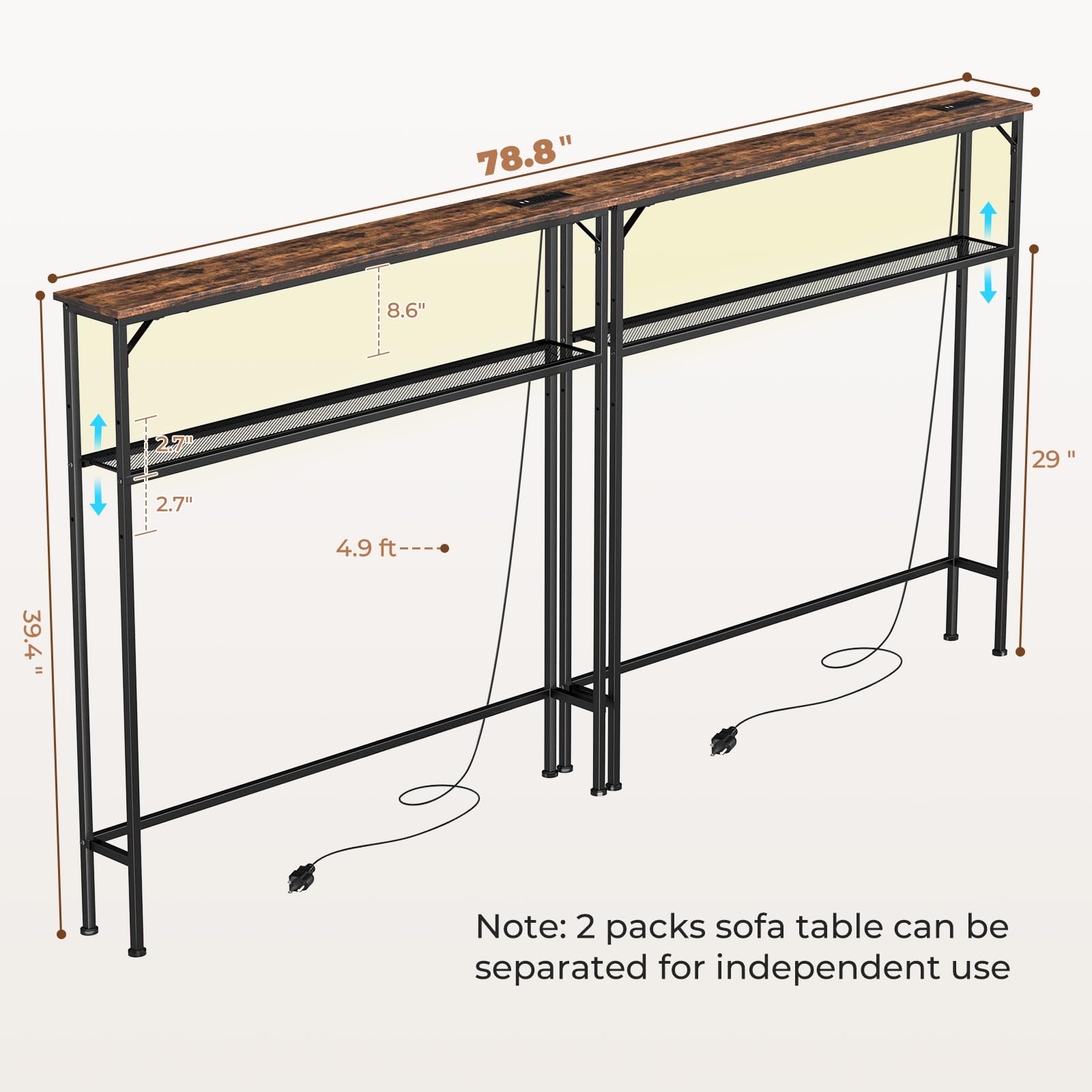 Tatub 78.8" Behind Couch Table with 2 Power Outlets&Led Light, Narrow Console Table Rustic Sofa Table, Industrial 2Tier Skinny Entryway Table with Metal Frame for Living Room - 2 Packs