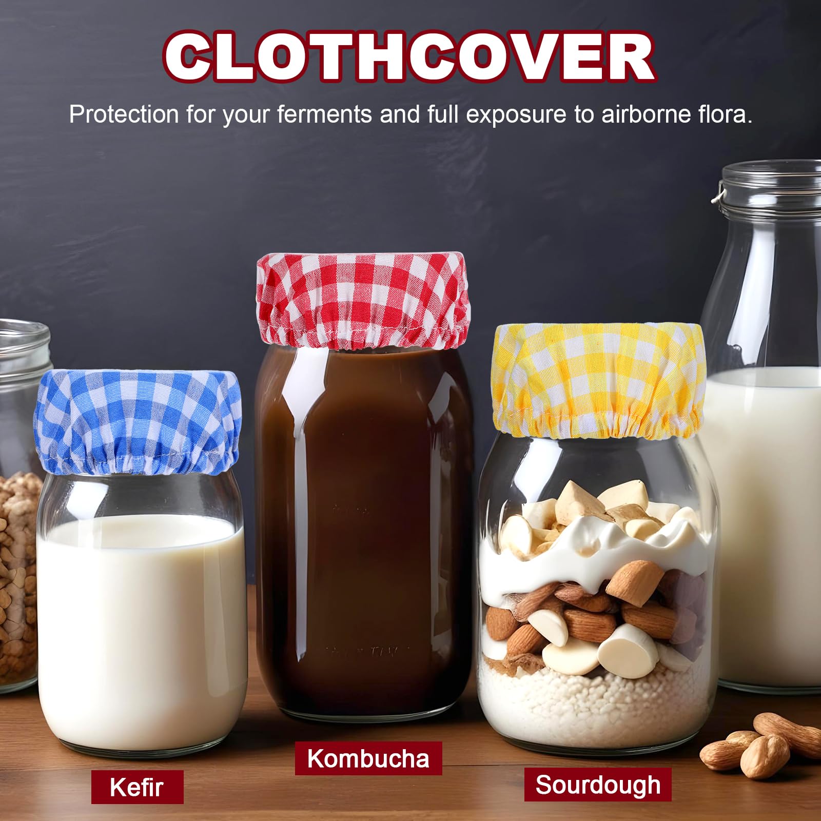 Gjinxi 6Pcs Jar Cloth Covers, Plaid Cloth Jar Covers, Unbleached Reusable Cloth Lid, Yeast Fermentation Tank Cloth Cover, Glass Cup Cover, Glass Bottle Cover, Fit Jars Mouth from 3-4 Inches