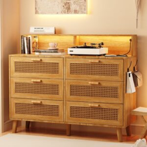 dresser for bedroom, 6 drawer boho dresser with led light, rattan chest of dressers, modern wood dresser chest, besidetable for closet,storage organizer cabinet for hallway entryway livingroom natural