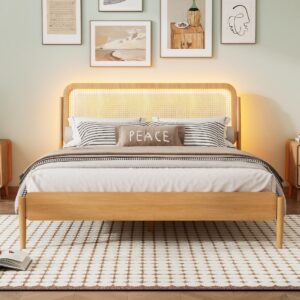 ruisisi queen bed frame with led lights rattan platform bed frame with natural rattan headboard (natural, queen)