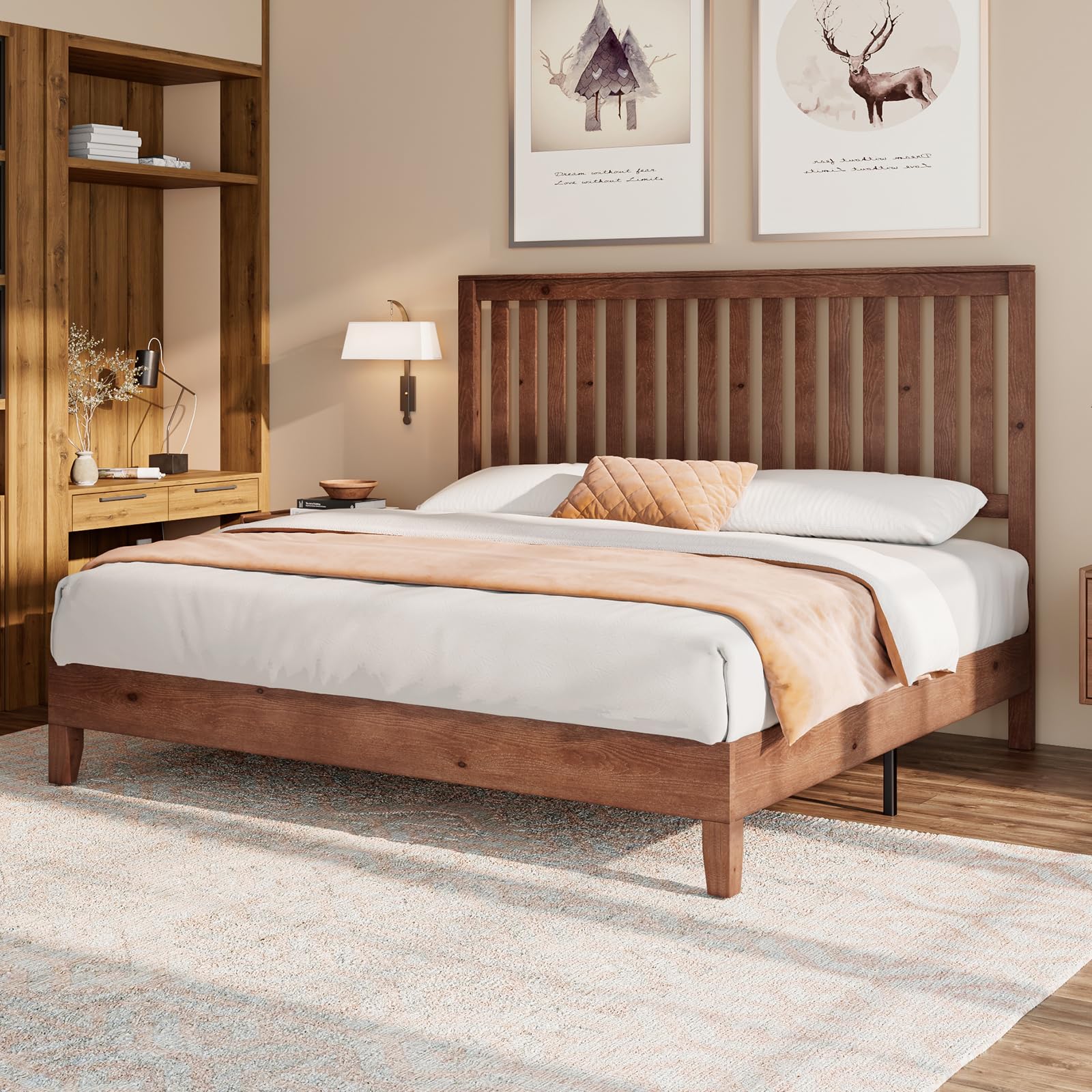 LUXOAK King Size Solid Wood Platform Bed Frame with Headboard, Mid Century Wood Bed with Solid Wood Foundation, Slat Support/No Box Spring Needed/Easy Assembly, Walnut