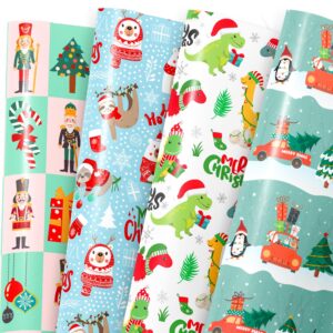 motigiftie christmas wrapping paper for kids boys girls, 12 sheets xmas gift wrapping paper dinosaurs, sloth, polar bear, penguin, nutcracker, red truck designs gift wrap 20 x 28 inches