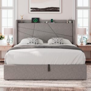 Einhomn Queen Size Lift Up Bed Frame with Charging Station, Upholstered Bed Frame with Storage, No Box Spring Needed, Noise-Free, Hydraulic Storage, Easy Assembly, Light Grey