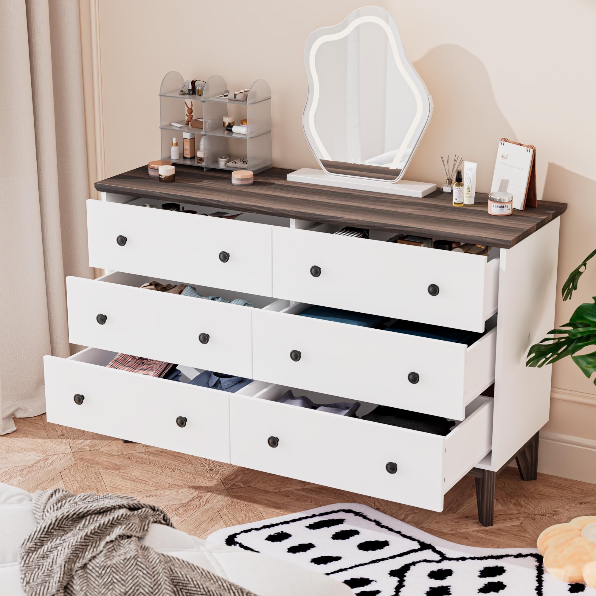 JOZZBY 6 Drawer Dresser for Bedroom, White Wood Double Dresser with Metal Handles, Modern Mid-Century Chest Organizer Storage Drawer for Office, Hallway, Living Room