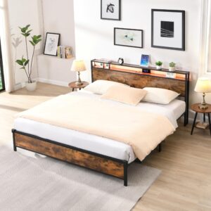 california king bed frames with storage, cali king size bed frame with headboard, cal king platform bed with power outlets, usb ports charging station and led lights, no noise, no box springs needed