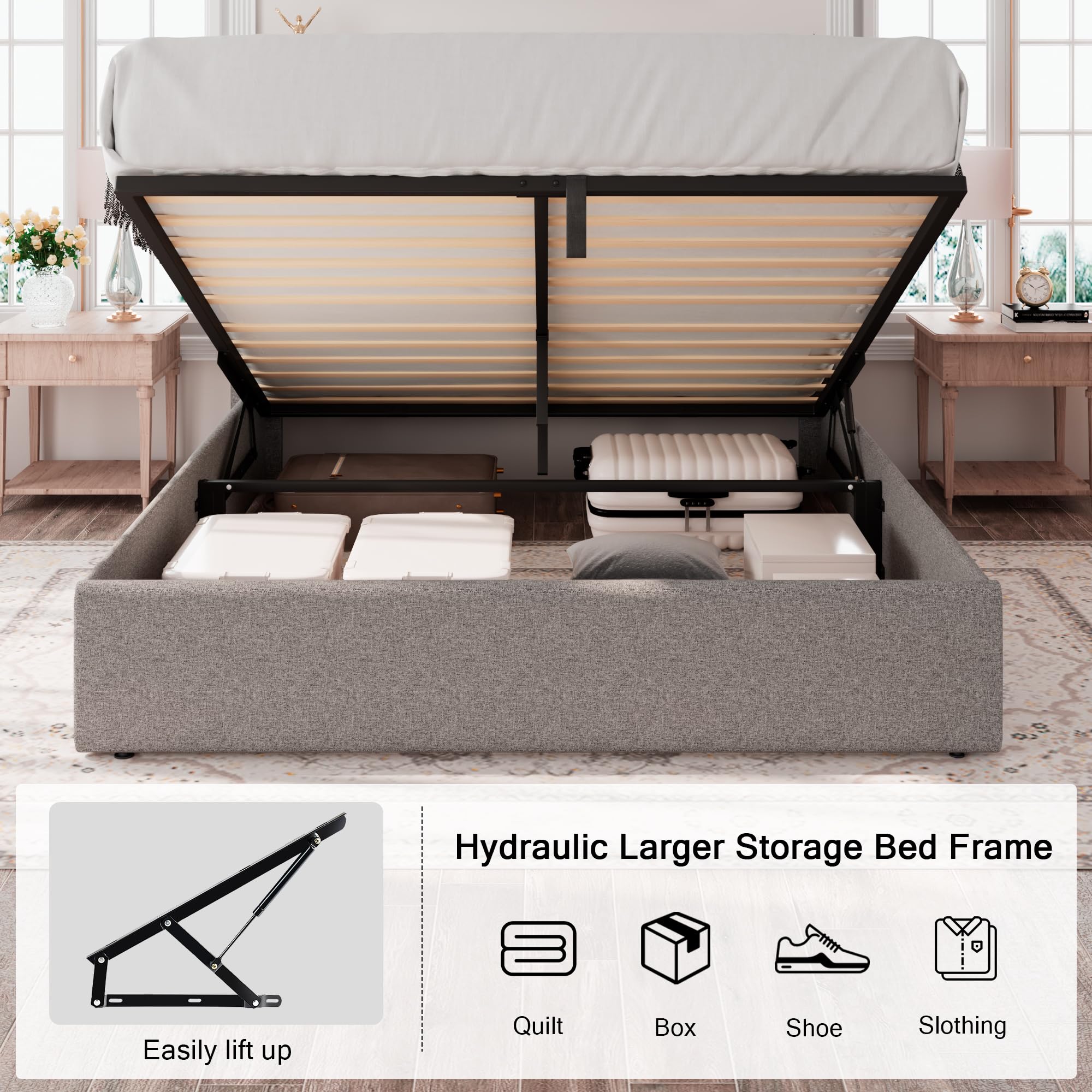 Einhomn Queen Size Lift Up Bed Frame with Charging Station, Upholstered Bed Frame with Storage, No Box Spring Needed, Noise-Free, Hydraulic Storage, Easy Assembly, Light Grey