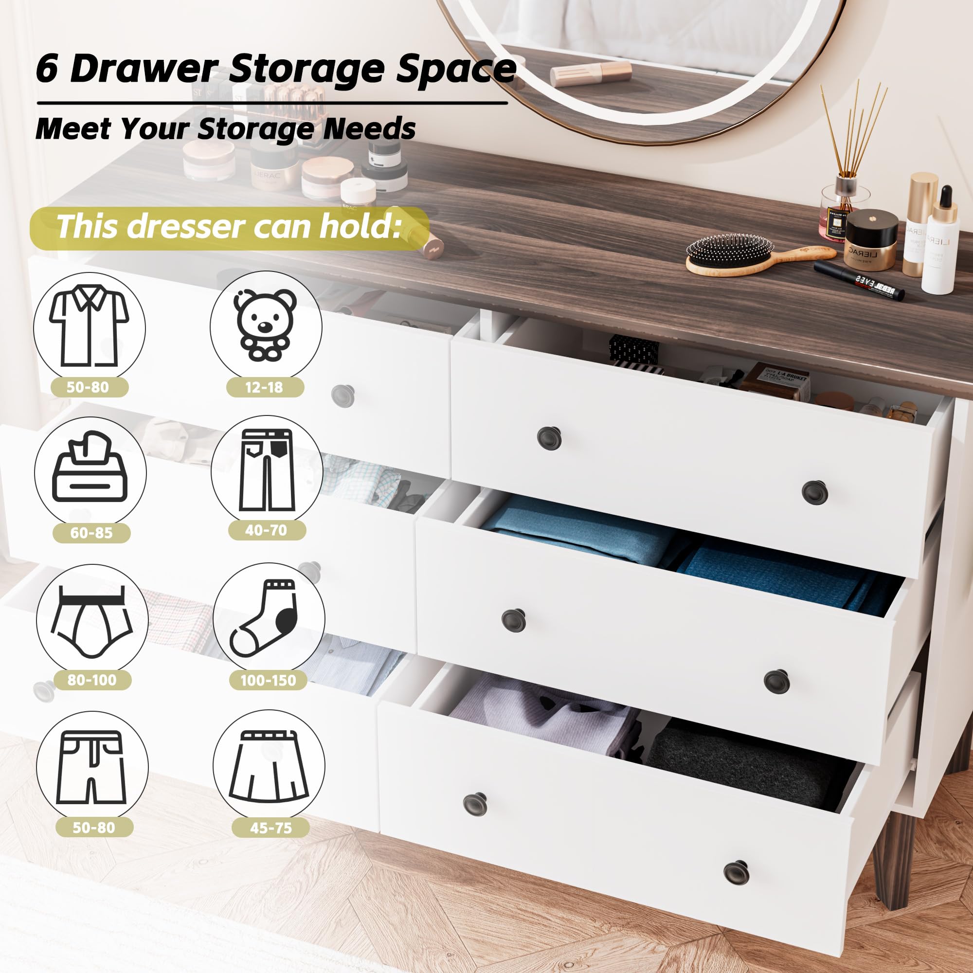 JOZZBY 6 Drawer Dresser for Bedroom, White Wood Double Dresser with Metal Handles, Modern Mid-Century Chest Organizer Storage Drawer for Office, Hallway, Living Room