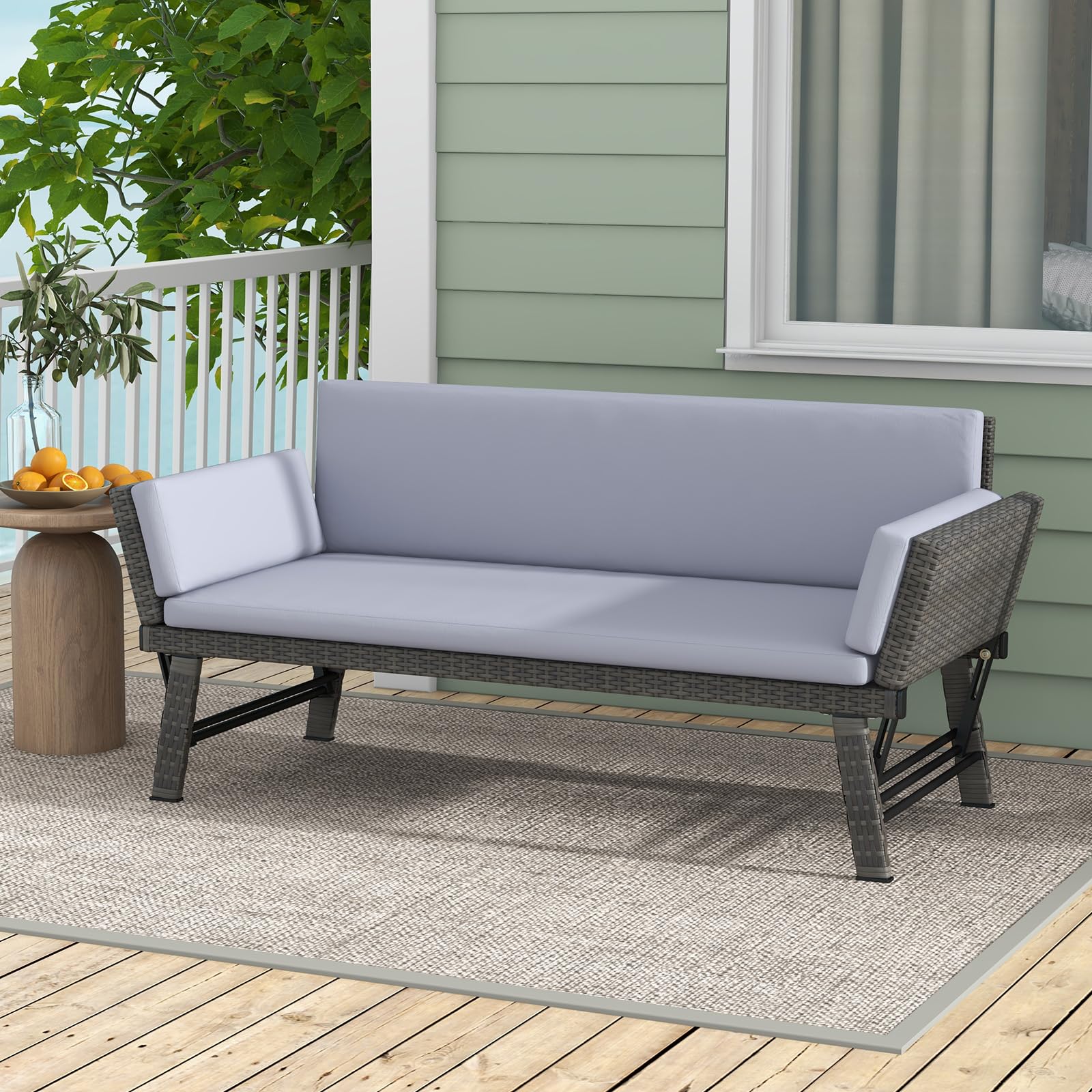 Tangkula Outdoor Convertible Sofa Daybed with Adjustable Armrests, PE Rattan Patio Couch Furniture with Thick Cushions, for Porch, Balcony, Backyard, Poolside (Gray)