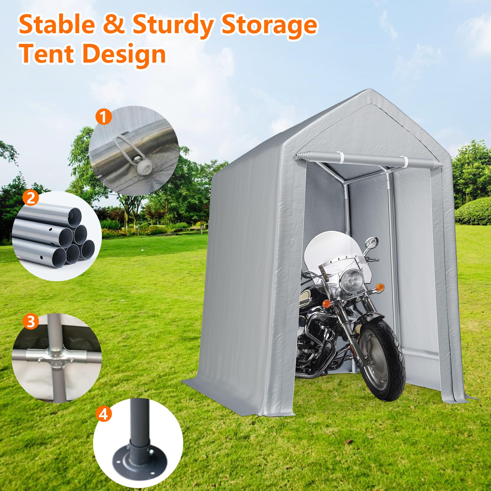 EuKer Ash 12'x12' Heavy Duty Outdoor Storage Shed - Roll-Up Zipper Door, Waterproof Design, Portable Structure, Versatile Use for Motorcycles, Bikes, and Garden Tools, Grey.