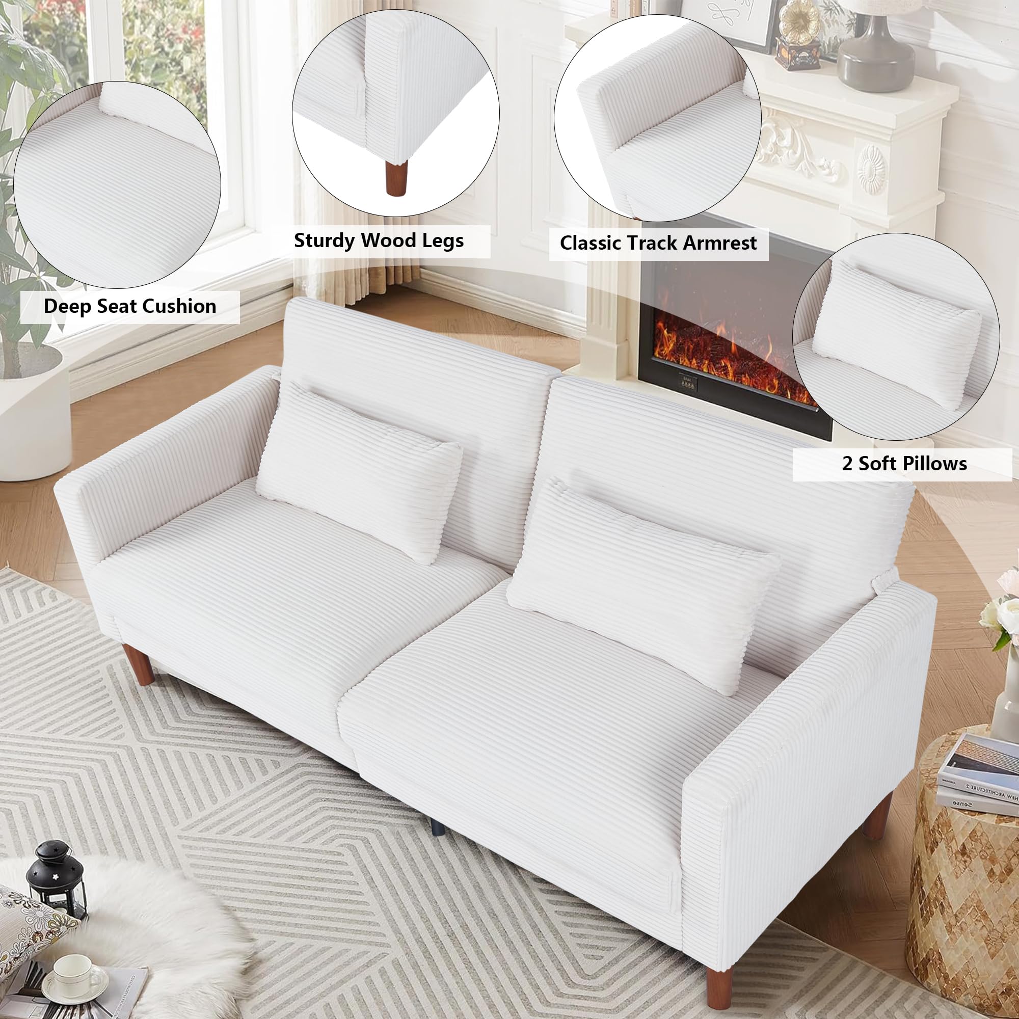 Aoowow 74" Comfy Loveseat Futon Sofa Couch for Living Room, 3 Seater Lounge Sofa for Bedroom, Modern Corduroy Sofa with 2 Lumbar Pillows, Deep Seat Sofa for Small Spaces, Office Couch, Beige