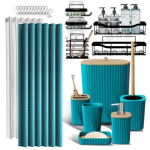 shower caddy and bathroom accessories set, 25pc bathroom accessory set with shower shelf caddy for bathroom storage, teal shower curtain set, toilet brush, trash can, soap dispenser, toothbrush holder