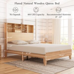 Brafab Modern Fluted Queen Bed Frame, Natural Wood Bed with 55" Tall Storage Bookcase Headboard and Charging Station, Metal Frame with Solid Wood Legs and Wood Slats Support, No Box Spring Needed