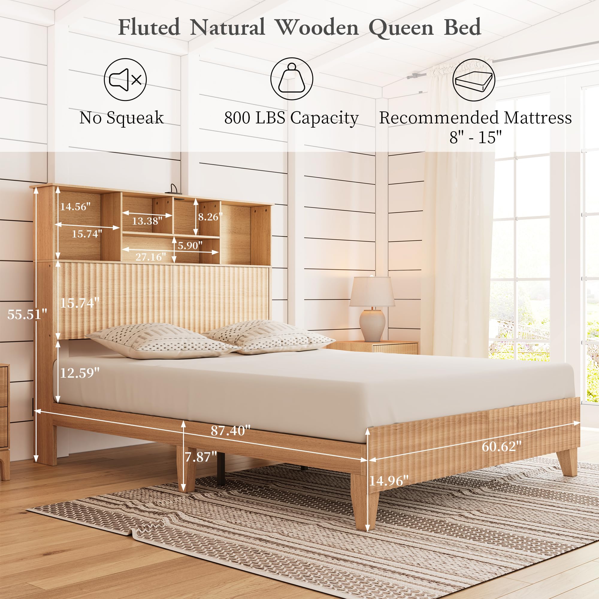 Brafab Modern Fluted Queen Bed Frame, Natural Wood Bed with 55" Tall Storage Bookcase Headboard and Charging Station, Metal Frame with Solid Wood Legs and Wood Slats Support, No Box Spring Needed