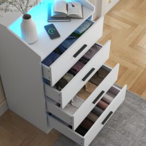 4 Drawer Dresser for bedroom with LED Light, Modern Dresser with Power Outlet, White Dressers with Open Storage Cubby, Chest of Drawers Storage Organizer for Bedroom, Hallway, Living Room(White)…