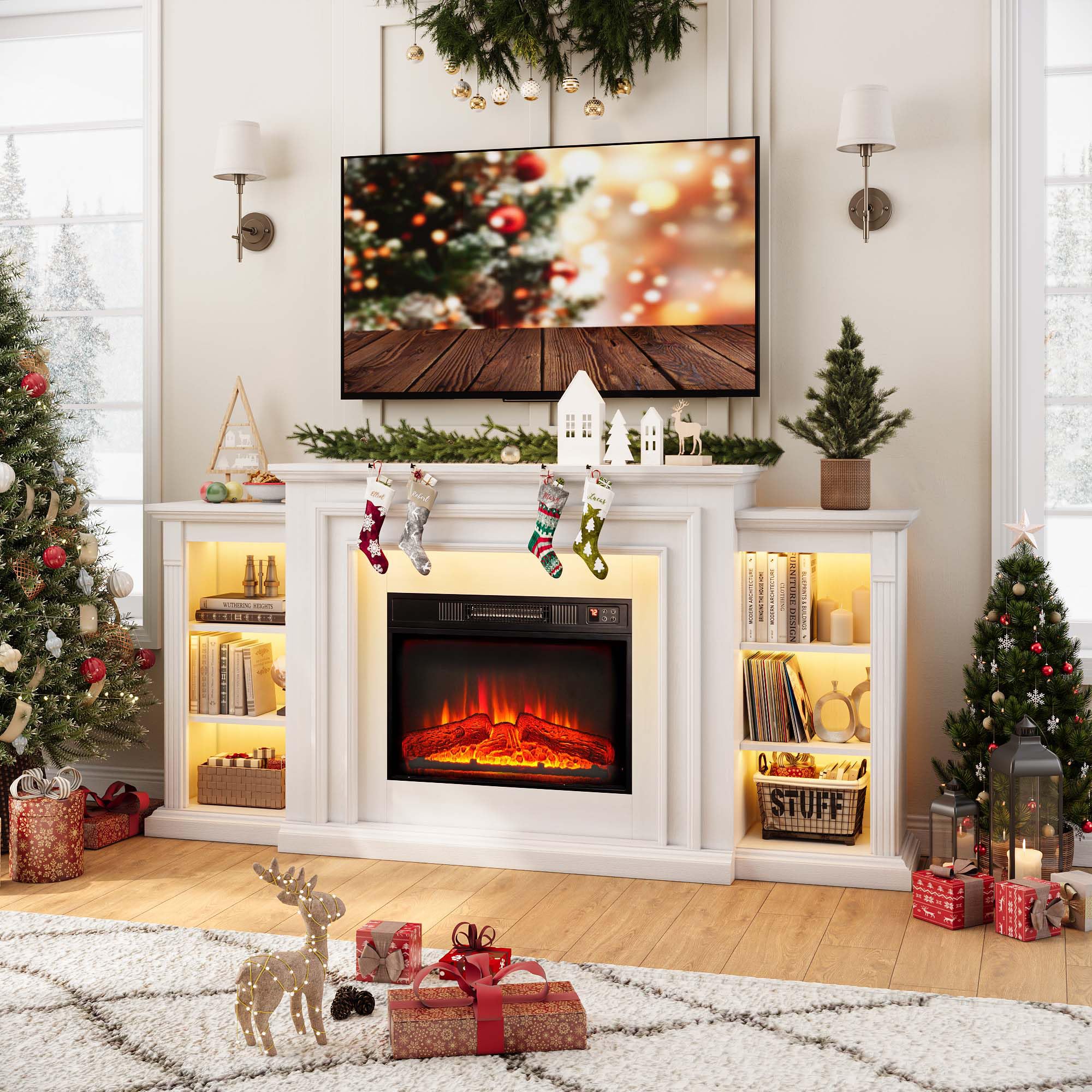 72" LED Lights Electric Fireplace with Mantel, Fireplace TV Stand for TVs Up to 80",Modern Entertainment Center with Storage, Delicate Three-Dimensional Molding with Remote Control for Living Room