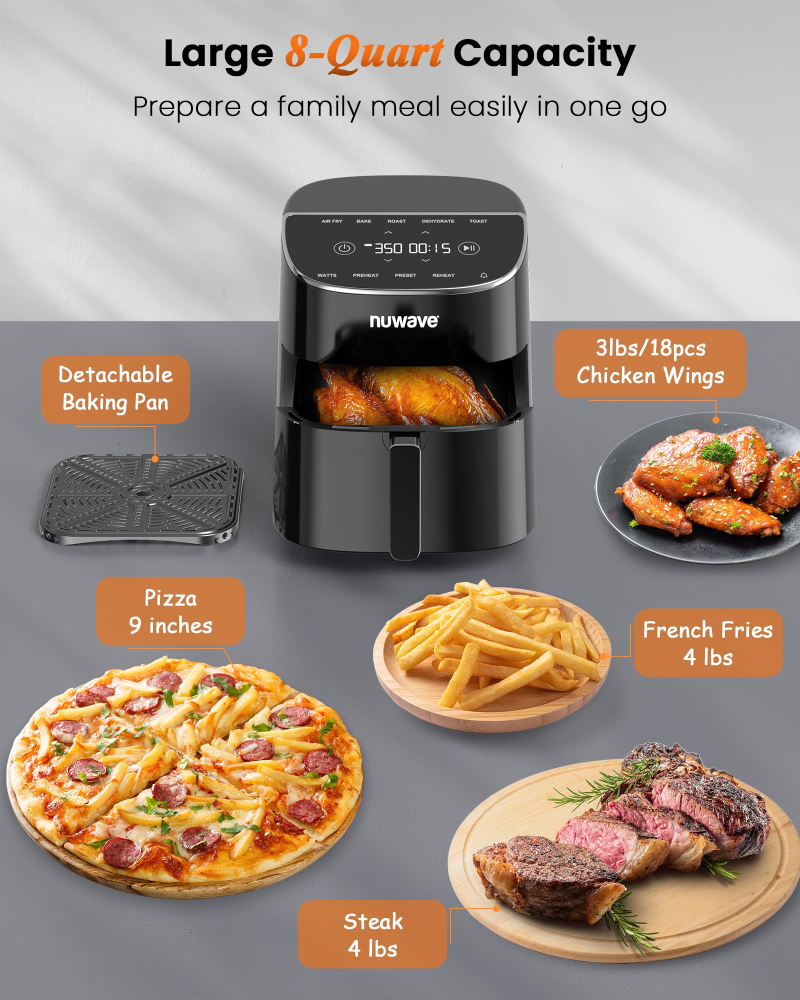 Nuwave Brio Plus Air Fryer 8 Qt, New & Improved, PFAS-FREE, 7 Digital One-Touch Cook Functions that AIR FRY, BAKE, ROAST, DEHYDRATE, TOAST, REHEAT, PREHEAT, 150 Presets, 50°F~400°F, 700/1500/1800W