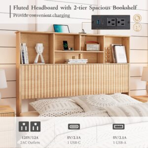 Brafab Modern Fluted Queen Bed Frame, Natural Wood Bed with 55" Tall Storage Bookcase Headboard and Charging Station, Metal Frame with Solid Wood Legs and Wood Slats Support, No Box Spring Needed