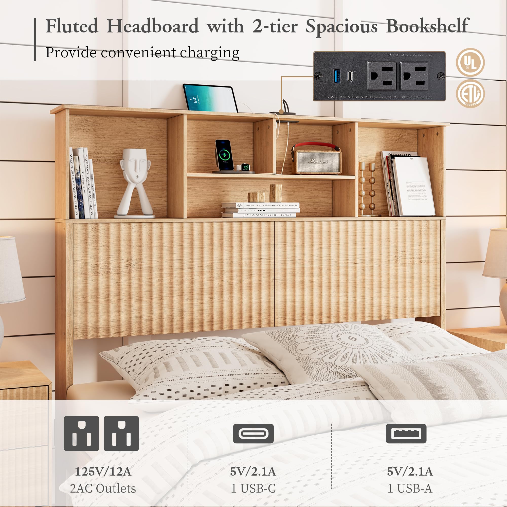 Brafab Modern Fluted Queen Bed Frame, Natural Wood Bed with 55" Tall Storage Bookcase Headboard and Charging Station, Metal Frame with Solid Wood Legs and Wood Slats Support, No Box Spring Needed