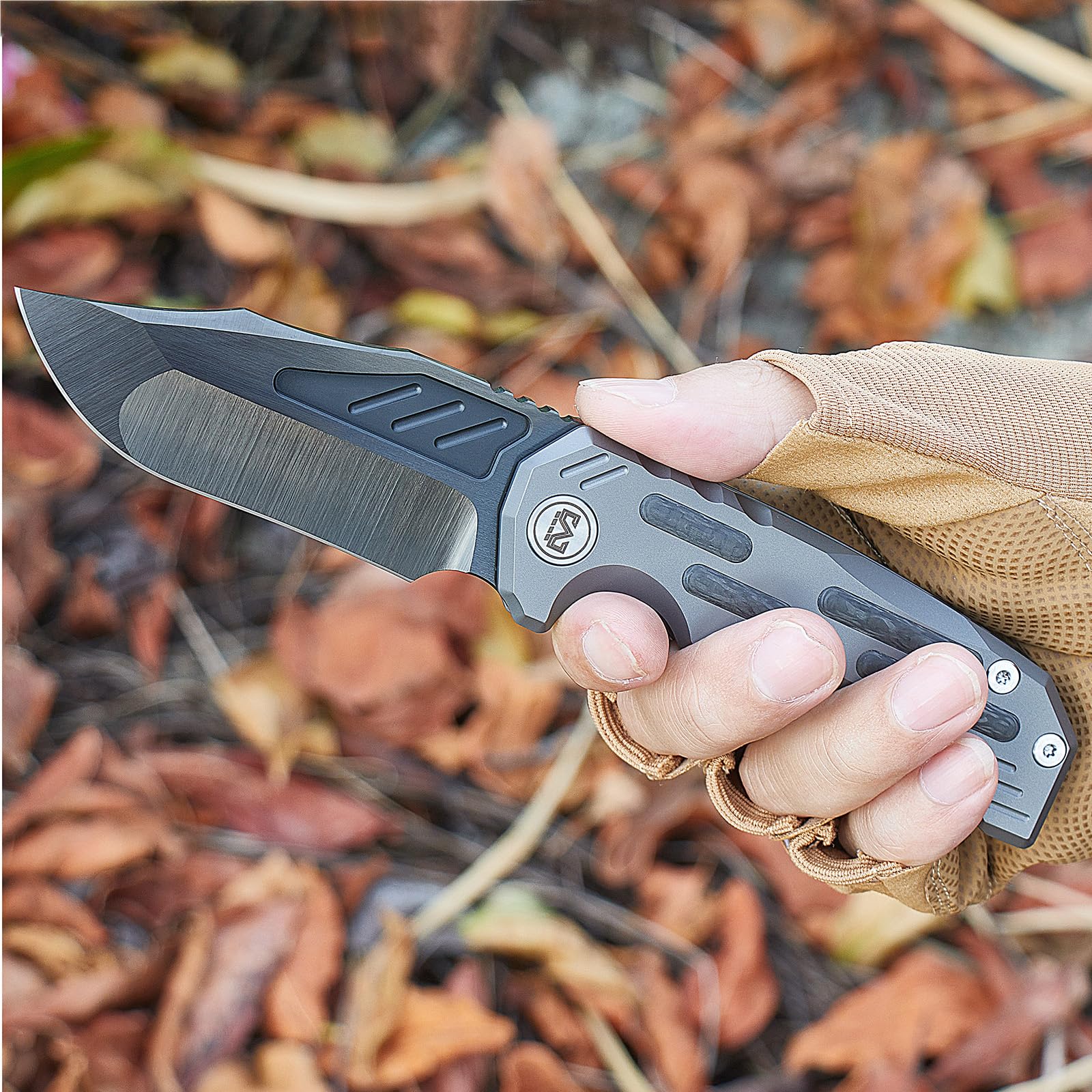 Miguron Knives M Nagain Folding Knife 3.5" M390 DLC Hand Hollow Ground Rubbed Satin Blade Dark Grey PVD Titanium Handle With Carbon Fiber Inlay Pocket Knife MGR-626BK