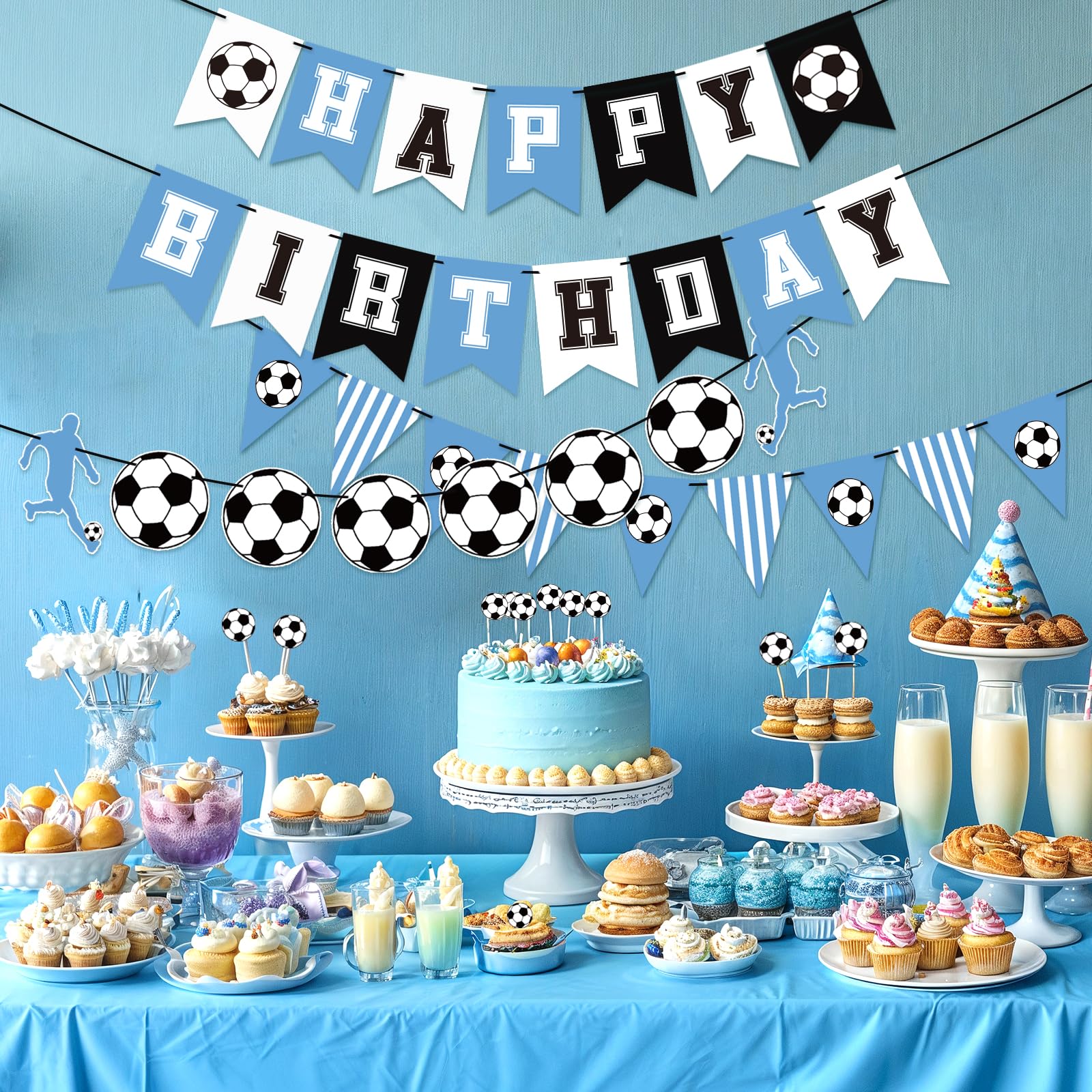 Soccer Birthday Party Decorations for Boys Men, Blue Soccer Happy Birthday Banner Sport Football Birthday Backdrop Background Photo Props for Soccer Ball Theme Birthday Party Favors Decor Supplies