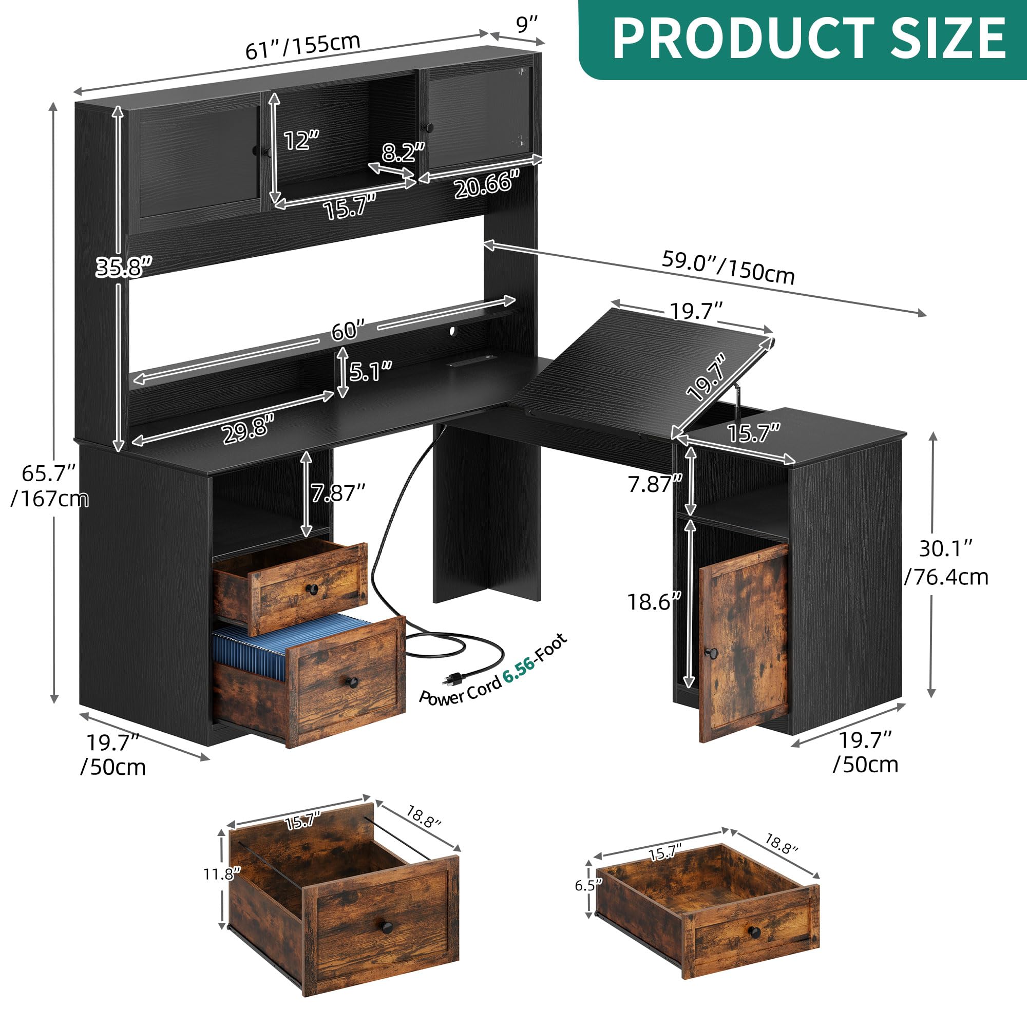 YITAHOME L Shaped Desk with Drawers & Hutch, 61" Computer Desk with Power Outlets & LED Lights, Corner Office Desk with Storage Cabinet, Drafting Table, Wood Desk, Black & Rustic Brown