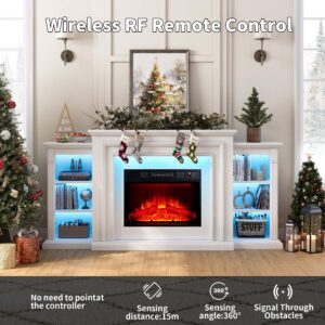 72" LED Lights Electric Fireplace with Mantel, Fireplace TV Stand for TVs Up to 80",Modern Entertainment Center with Storage, Delicate Three-Dimensional Molding with Remote Control for Living Room