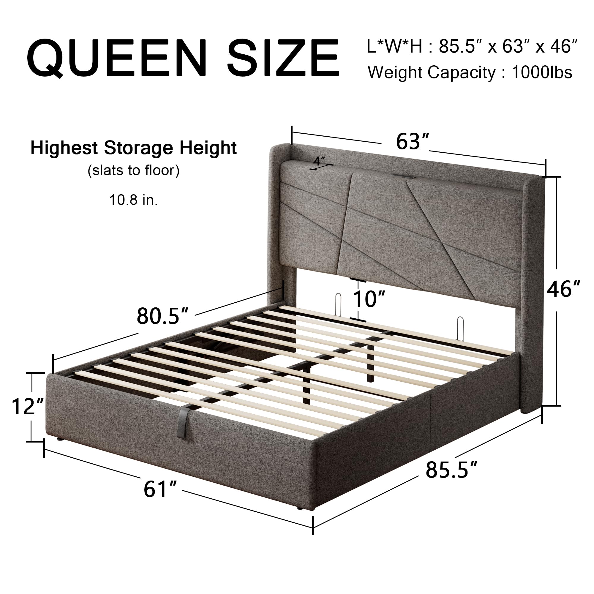 Einhomn Queen Size Lift Up Bed Frame with Charging Station, Upholstered Bed Frame with Storage, No Box Spring Needed, Noise-Free, Hydraulic Storage, Easy Assembly, Light Grey