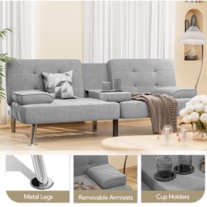 Shahoo Modern Linen Upholstered Convertible Folding Futon Sofa Bed with Removable Armrests, Metal Legs, 2 Cup Holders for Living Room, Light Grey