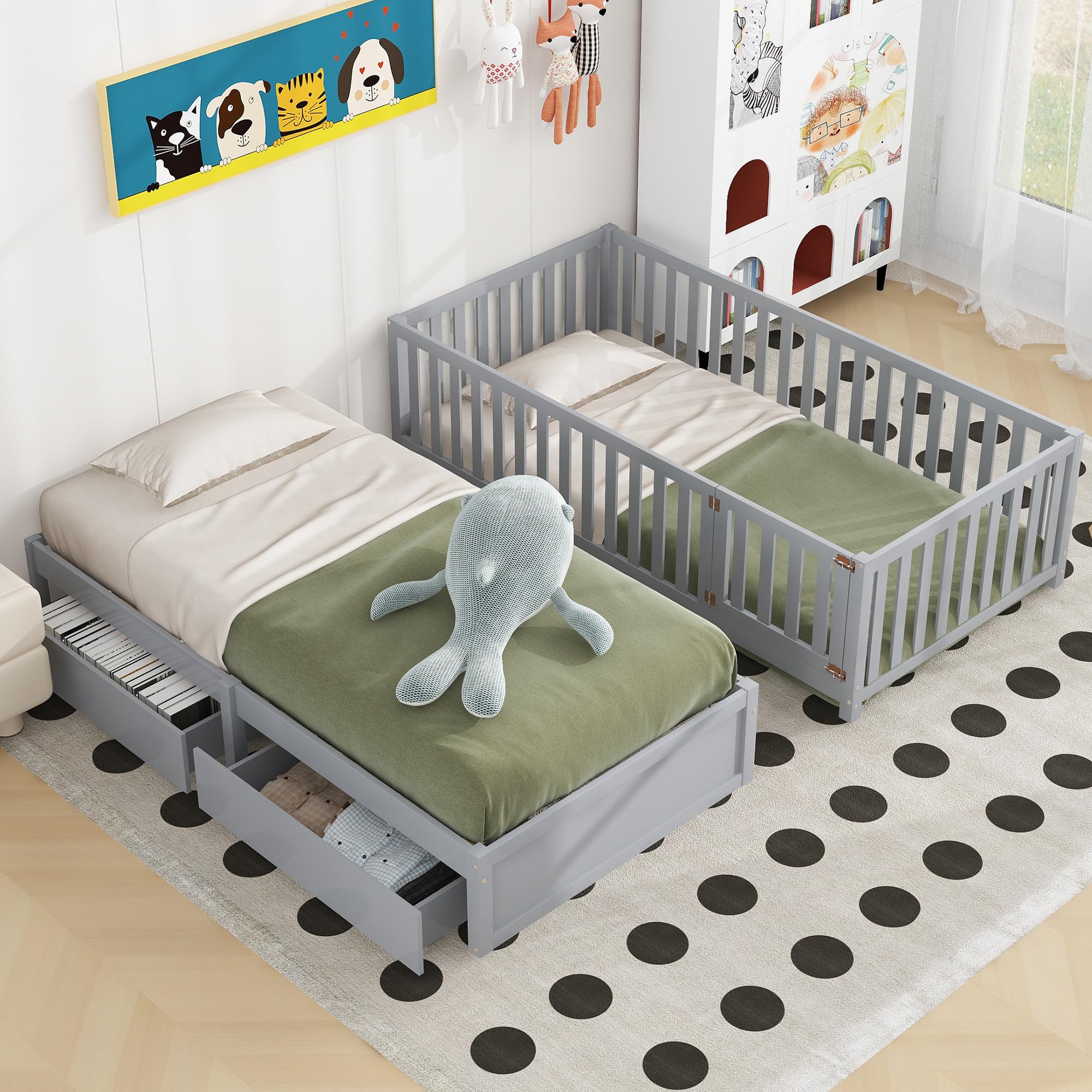 SOFTSEA Wood Daybed Twin Size with Fence Guardrail and Storage Drawers, Split Into Independent Floor Bed and Daybed for Boys Girls, Kids Platofrm Daybed Frame, Gray