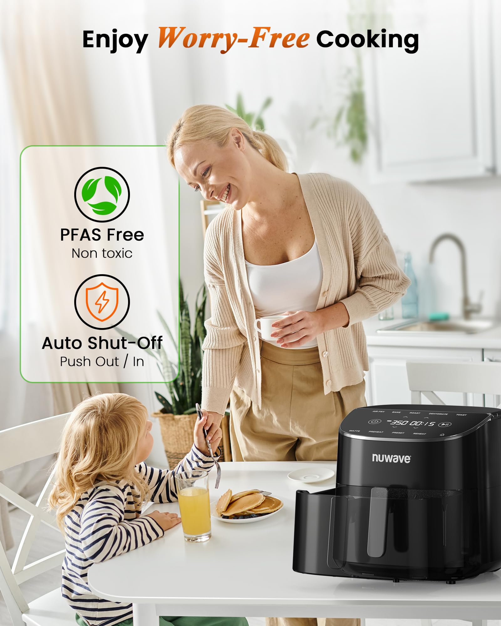 Nuwave Brio Plus Air Fryer 8 Qt, New & Improved, PFAS-FREE, 7 Digital One-Touch Cook Functions that AIR FRY, BAKE, ROAST, DEHYDRATE, TOAST, REHEAT, PREHEAT, 150 Presets, 50°F~400°F, 700/1500/1800W