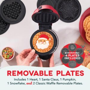 DASH Holiday Multimaker Mini System - Waffle Maker with Six 4” Removable Holiday Plates: Waffle Iron & Griddle, 4-in-1 Mini Waffle Maker for Kids and Families – Nonstick Surface, Santa Waffle (Red)