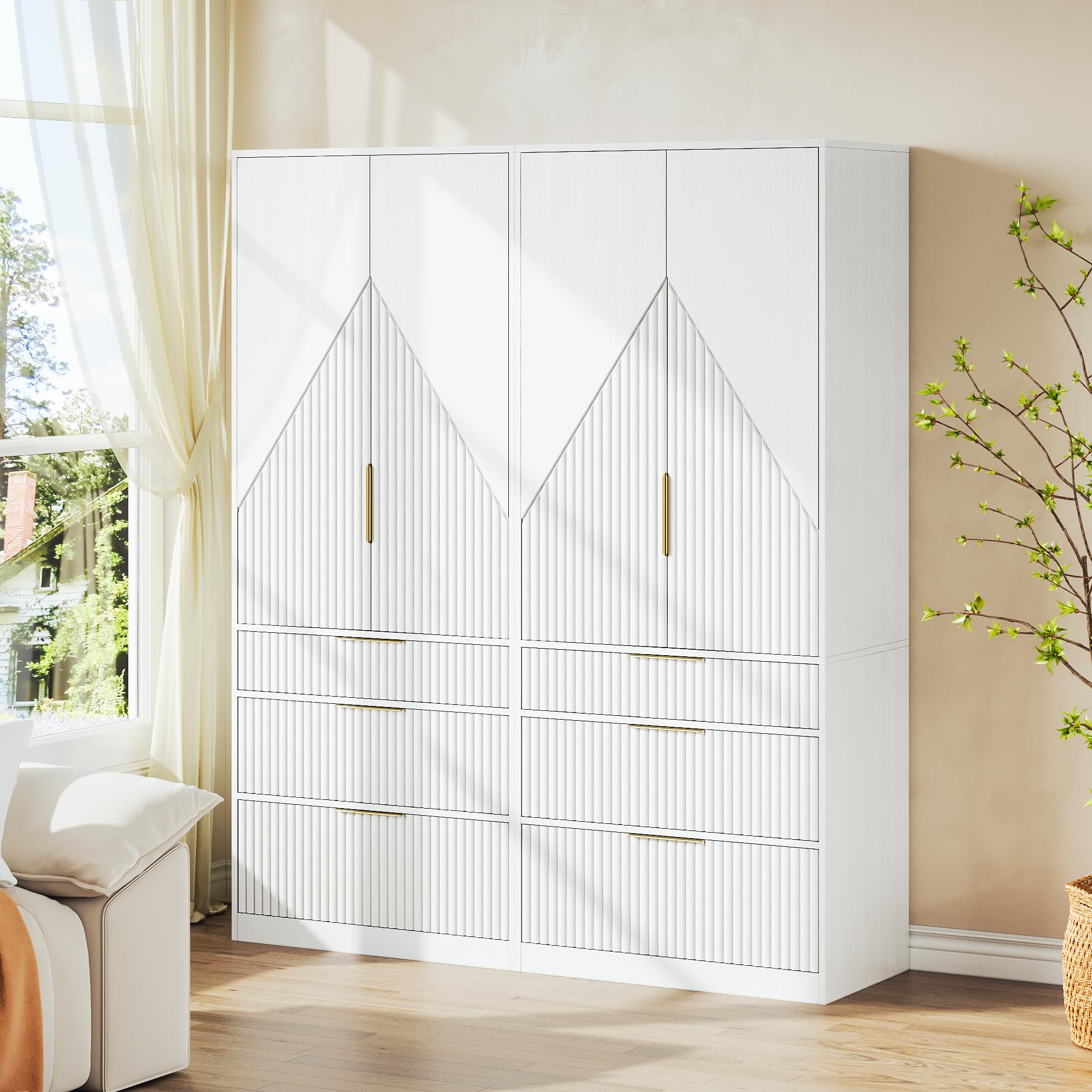 Armoire Wardrobe Closet with 2 Wave Doors & 3 Drawers , 71.7” Bedroom Freestanding Armoire Storage Cabinet, Wooden Wardrobe Combination for Hanging Clothes, Bedroom Clothing Storage Cabinet White