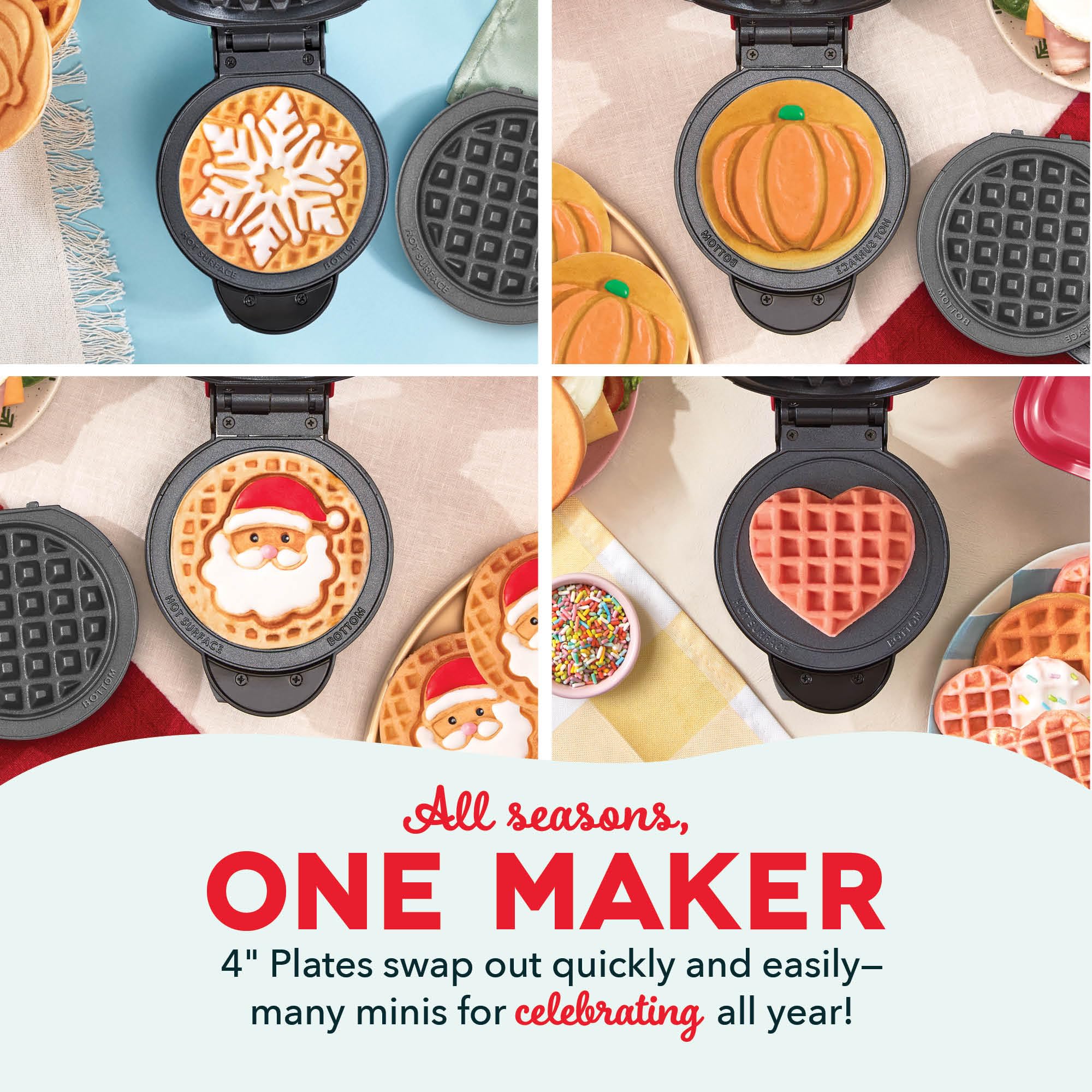 DASH Holiday Multimaker Mini System - Waffle Maker with Six 4” Removable Holiday Plates: Waffle Iron & Griddle, 4-in-1 Mini Waffle Maker for Kids and Families – Nonstick Surface, Santa Waffle (Red)