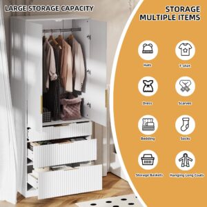 Armoire Wardrobe Closet with 2 Wave Doors & 3 Drawers , 71.7” Bedroom Freestanding Armoire Storage Cabinet, Wooden Wardrobe Combination for Hanging Clothes, Bedroom Clothing Storage Cabinet White