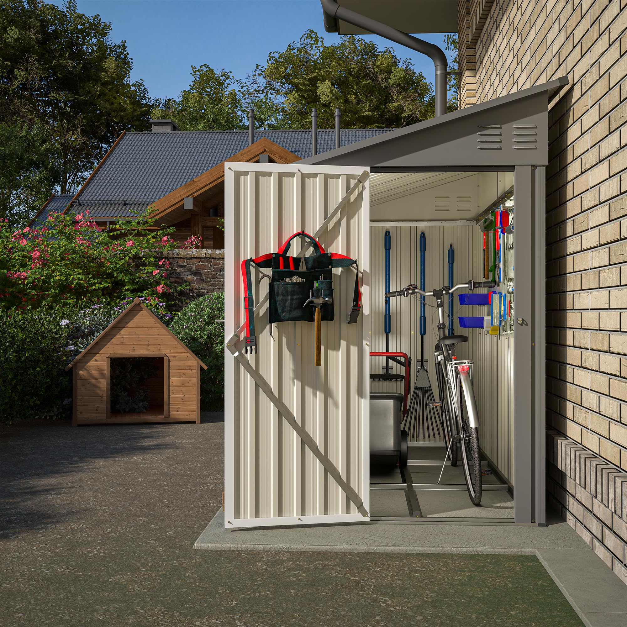 Ball & Cast 4 x 8 FT Storage Shed with Lockable Door and 2 Air Vents,Lean to Outdoor Metal Tool House W/Foundation,All Weather Waterproof,for Backyard,Patio,Lawn,Garden,Gray