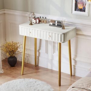 azody vanity desk with 2 drawers,32'' water ripple makeup vanity desk, modern home office computer desk,makeup dressing console table with golden legs for small spaces