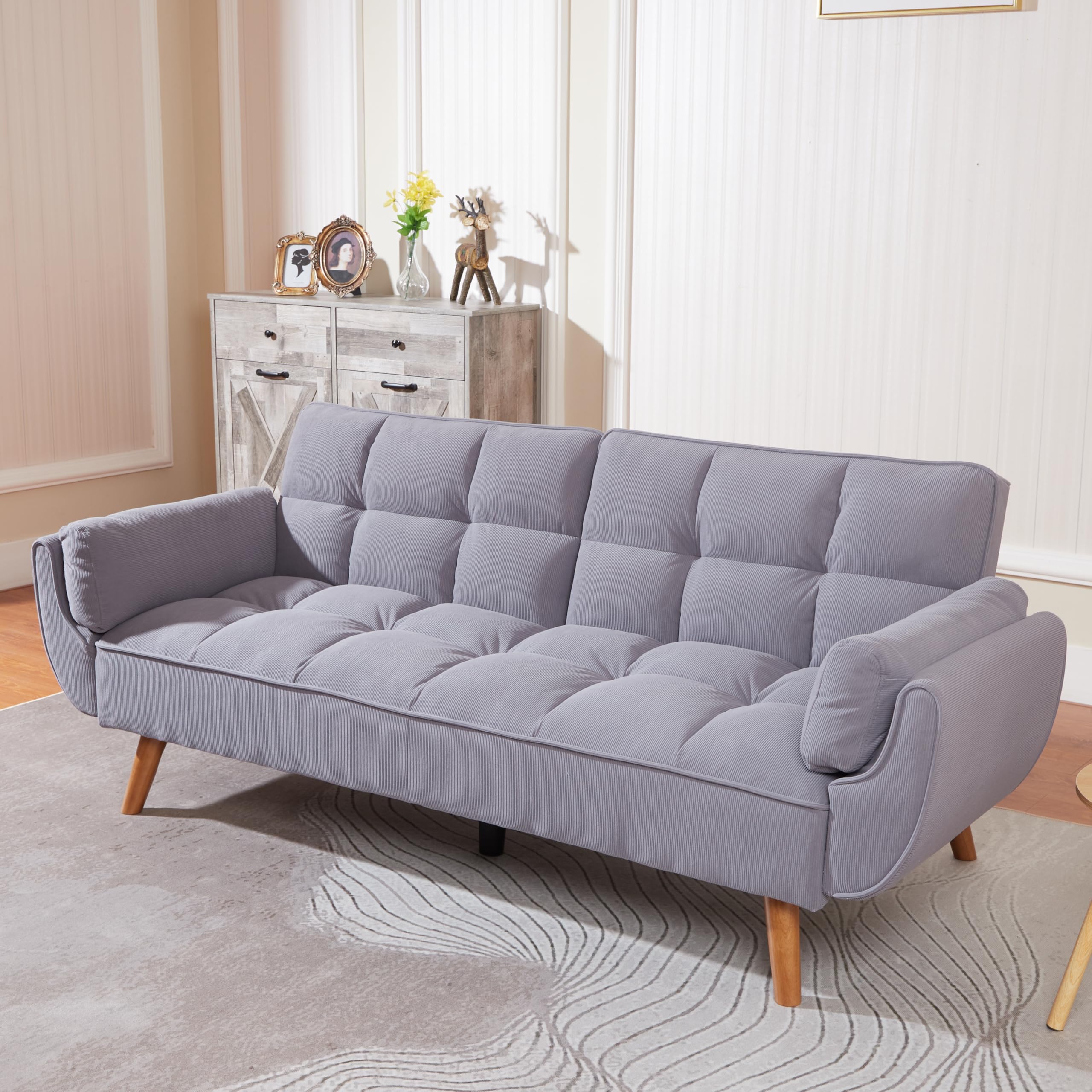 Modern Convertible Futon Sofa Bed Corduroy Upholstered Tufted Daybed with High Legs and 2 Pillows,Living Room Loveseat Sleeper Couch Bed for Home Apartment Office RV Studio