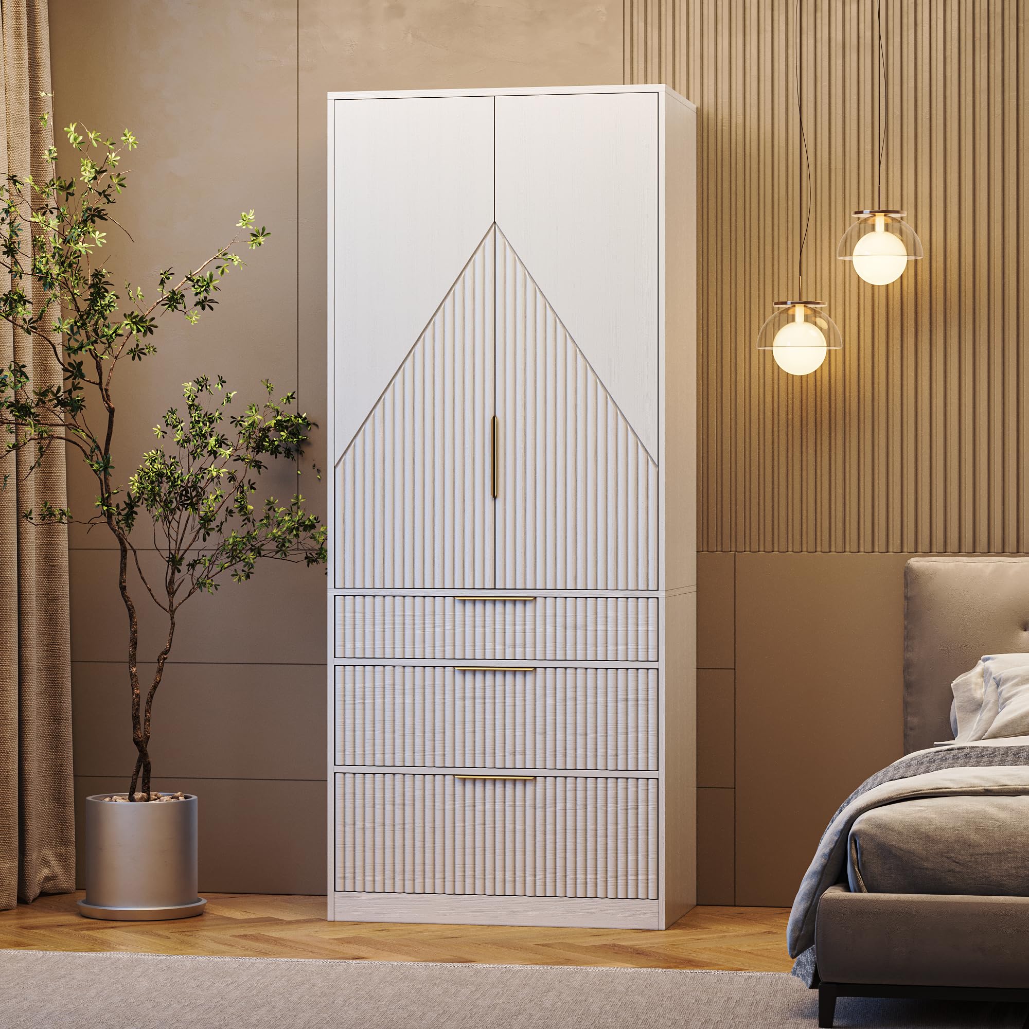 Armoire Wardrobe Closet with 2 Wave Doors & 3 Drawers , 71.7” Bedroom Freestanding Armoire Storage Cabinet, Wooden Wardrobe Combination for Hanging Clothes, Bedroom Clothing Storage Cabinet White