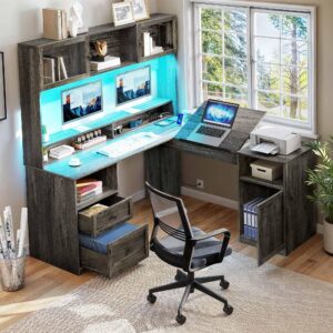 yitahome l shaped desk with drawers & hutch, 61" computer desk with power outlets & led lights, corner office desk with storage cabinet, drafting table, wood desk, grey