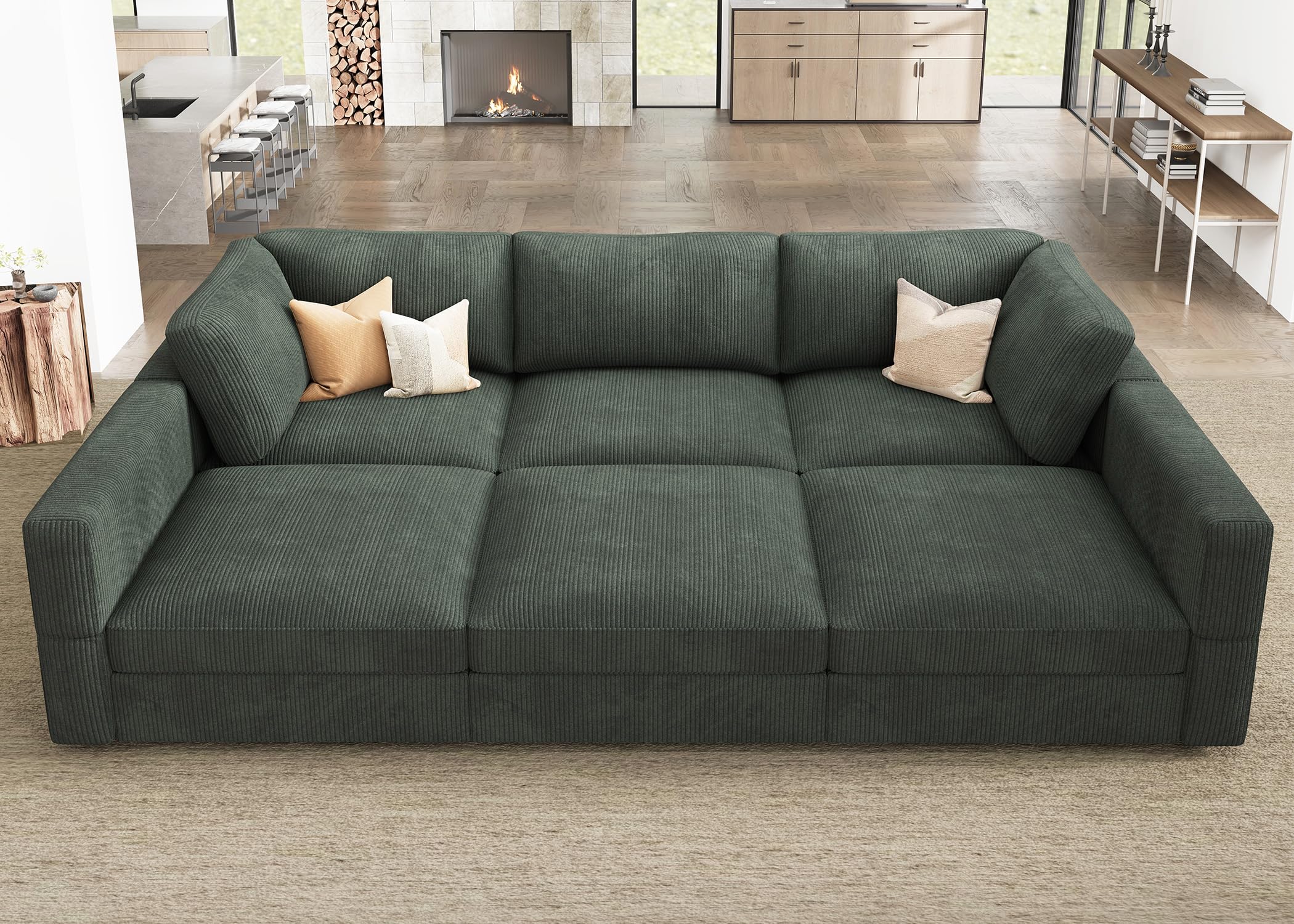 HONBAY Modular Sectional Sofa with Storage Corduroy Sectional Sleeper Sofa Modular Sectional Couches for Living Room,Green