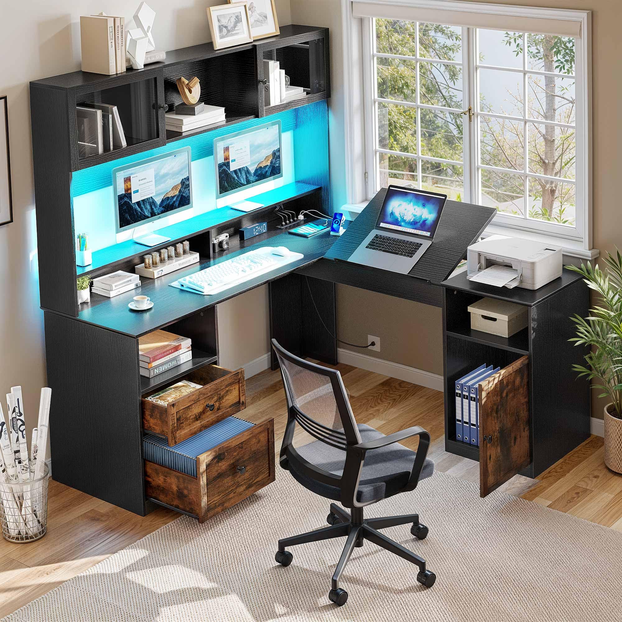 YITAHOME L Shaped Desk with Drawers & Hutch, 61" Computer Desk with Power Outlets & LED Lights, Corner Office Desk with Storage Cabinet, Drafting Table, Wood Desk, Black & Rustic Brown