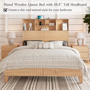 Brafab Modern Fluted Queen Bed Frame, Natural Wood Bed with 55" Tall Storage Bookcase Headboard and Charging Station, Metal Frame with Solid Wood Legs and Wood Slats Support, No Box Spring Needed