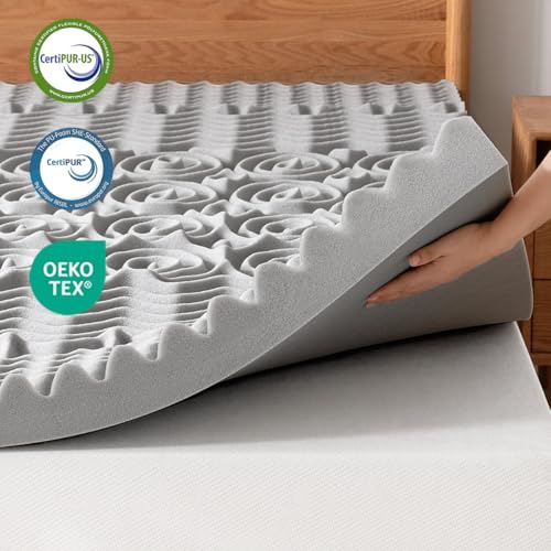 TRIPUB 3 Inch Mattress Topper, 5-Zone Bamboo Charcoal Infused Memory Foam Mattress Topper for King Size Bed & Pressure Relief, Ventilated Soft Bed Topper (Gray, King)