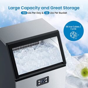 Fashionwu Commercial Ice Maker Machine 150lbs/24H, Stainless Steel Ice Machine with 33LBS Ice Storage Capacity, Under Counter ice Maker for Home Office Restaurant Bar Coffee Shop