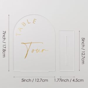 JINMURY Frosted Arch Wedding Table Numbers 1-10 with Stands, 5x7 Inch Frosted Acrylic Arch Sign with Gold Lettering, Frosted and gold Table Numbers for Wedding