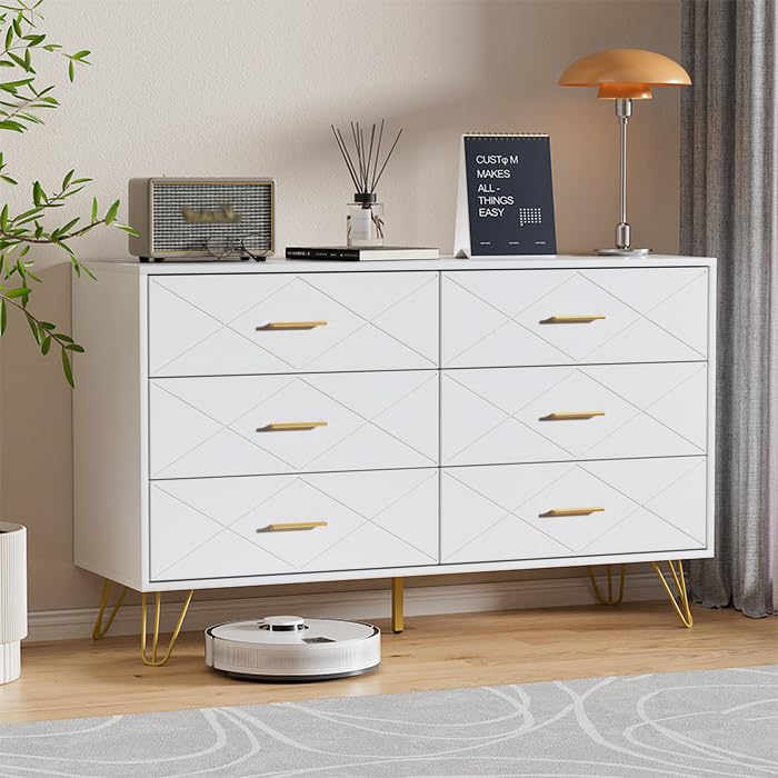 BVFUKA White Dresser for Bedroom, Wood 6 Drawer Double Dresser with Wide Drawers and Gold Handles, Modern Dressers & Chest of Drawers for Bedroom