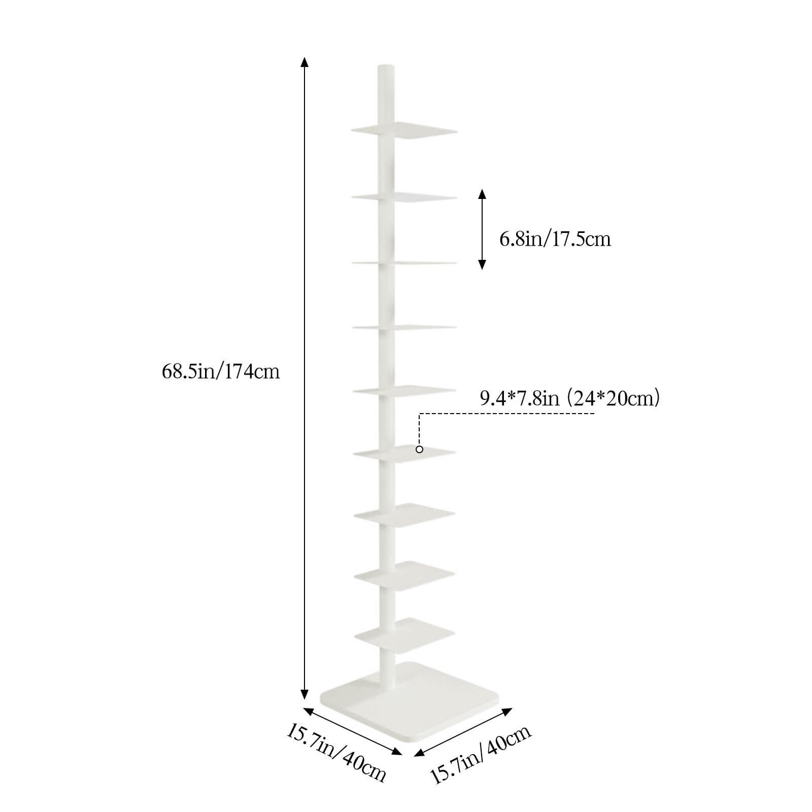 MXBCTMM Spine Bookshelf 9-Tier Metal Vertical Bookshelf DIY Spine Book Tower, 68.5 in high, 4 adjustable angles, suitable for small spaces, living rooms, offices, bedrooms