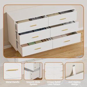 BVFUKA White Dresser for Bedroom, Wood 6 Drawer Double Dresser with Wide Drawers and Gold Handles, Modern Dressers & Chest of Drawers for Bedroom